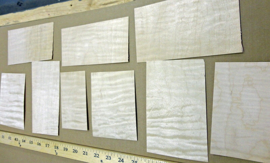 Curly Figured Tiger Maple Wood Veneer Sample Pack = 9 Raw No Backing 1/ ...
