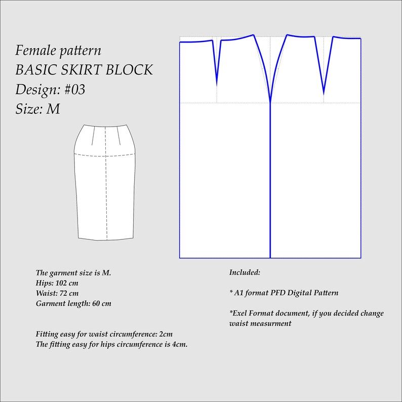 Basic Skirt Block Pattern for M Size Suggested for Beginners and New ...