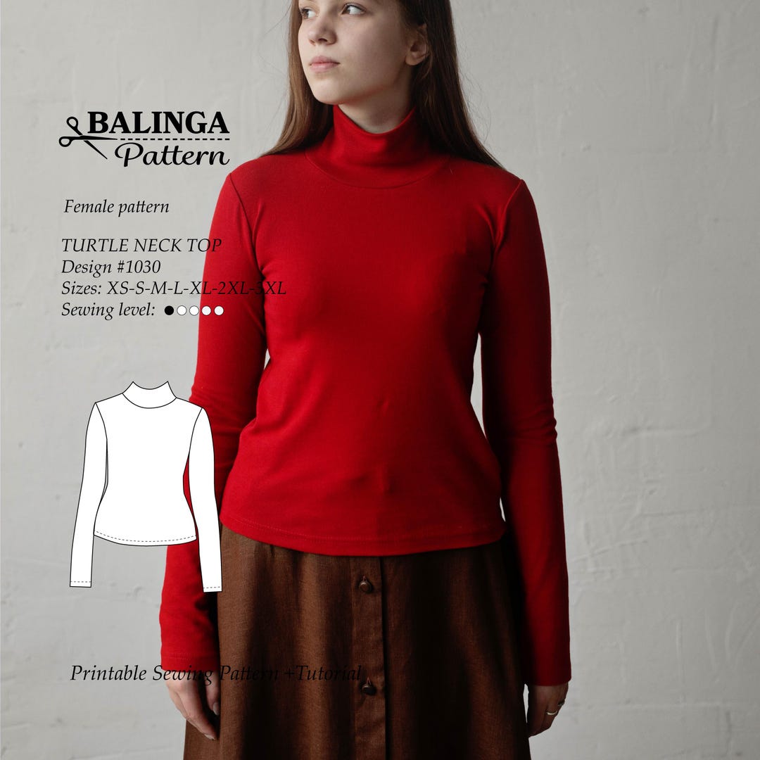 Elegant Turtle Neck Top Sewing Pattern in XS-3XL | Digital PDF - Etsy