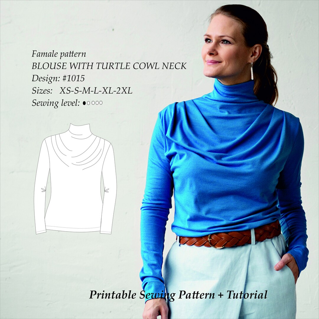 Turtle Cowl Neck Blouse in Knitted Fabric PDF Digital Sewing Pattern ...