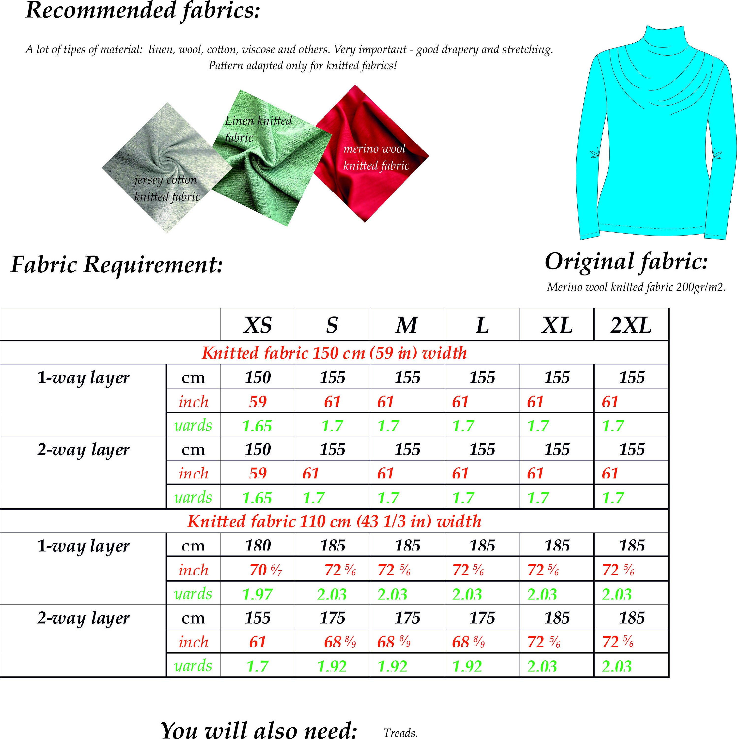 Turtle Cowl Neck Blouse in Knitted Fabric PDF Digital Sewing Pattern ...