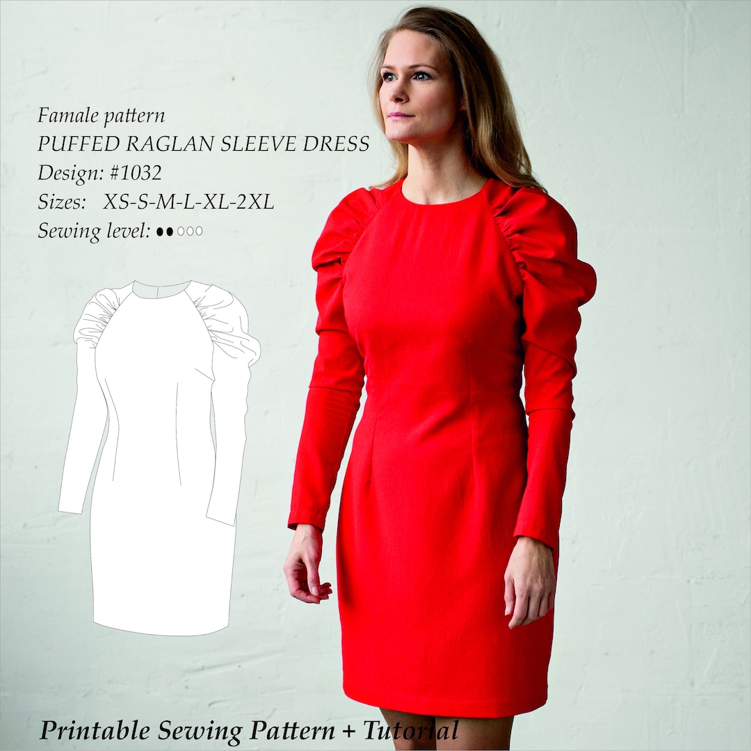 Long Puffed Raglan Sleeve Dress PDF Digital Sewing Pattern - Etsy