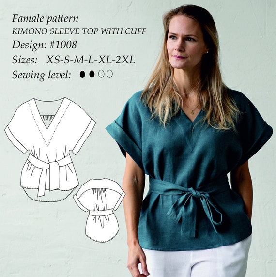 Kimono Sleeve Blouse With Cuffs and V-neck PDF Sewing Digital - Etsy