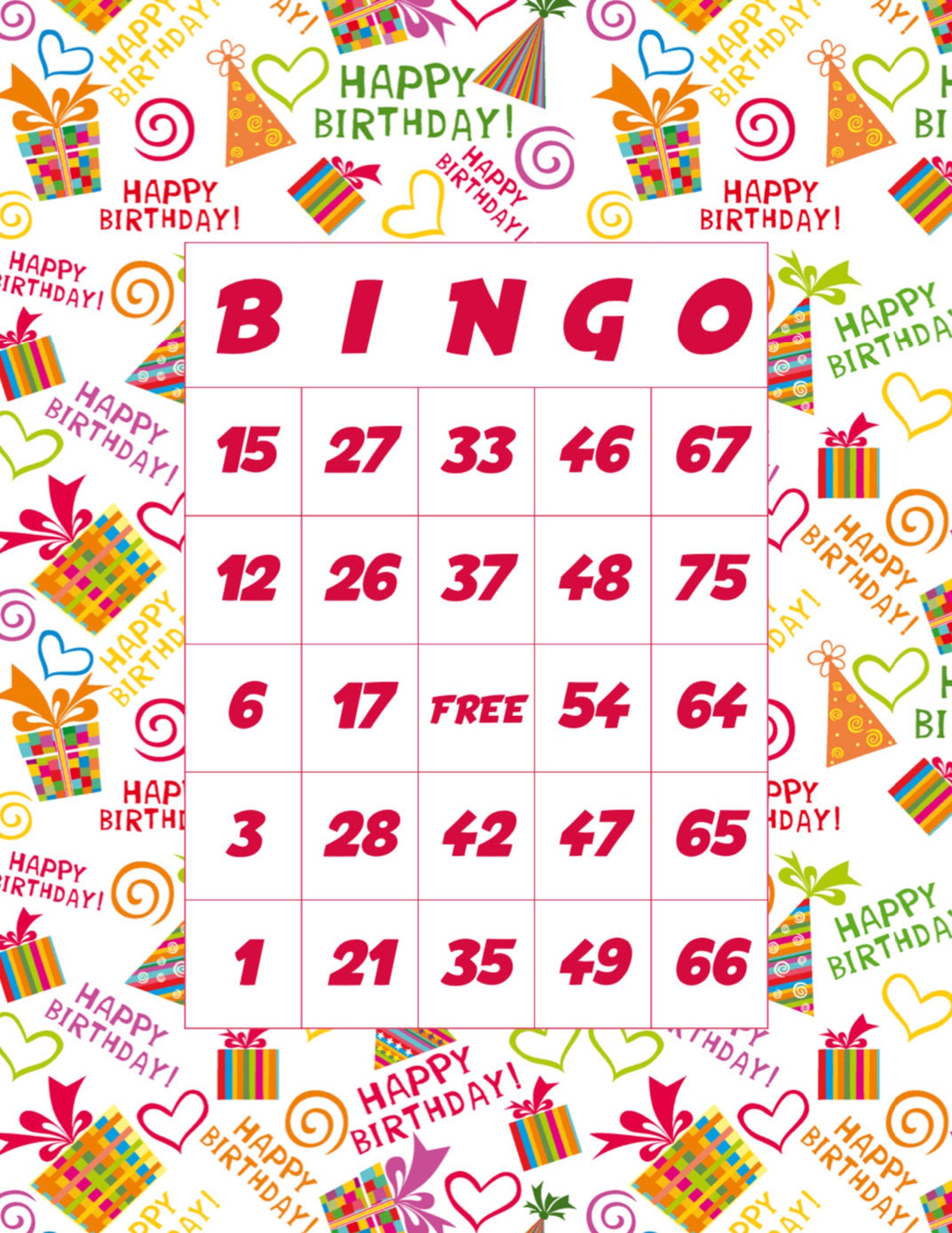 20 Bingo Cards, 20 Unique Happy Birthday Bingo Cards, 1 per Page ...