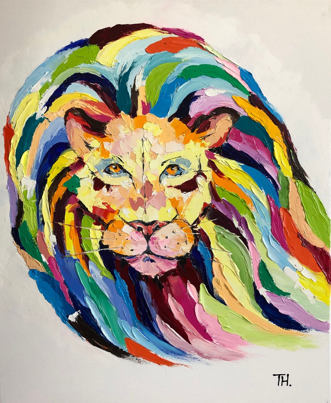 Abstract Lion Oil Painting on Stretched Canvas, Textured Lion , Vivid ...