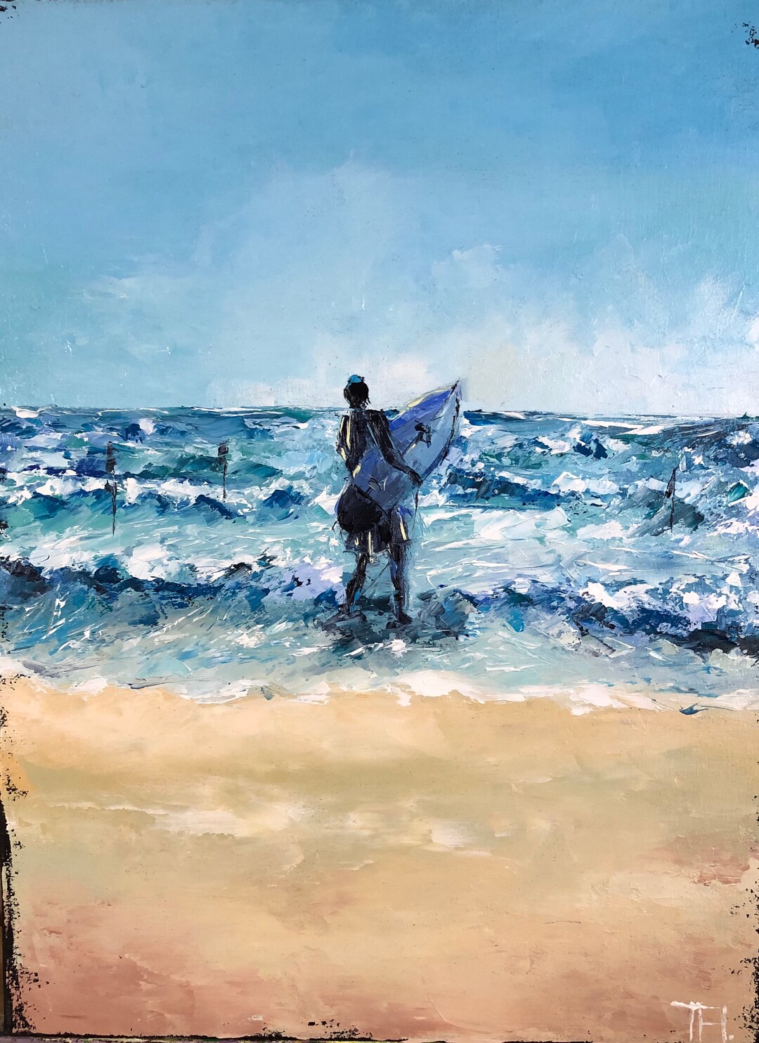 Surfer Oil Painting on Canvas, Original Beach Art, Textured Surfing Oil ...