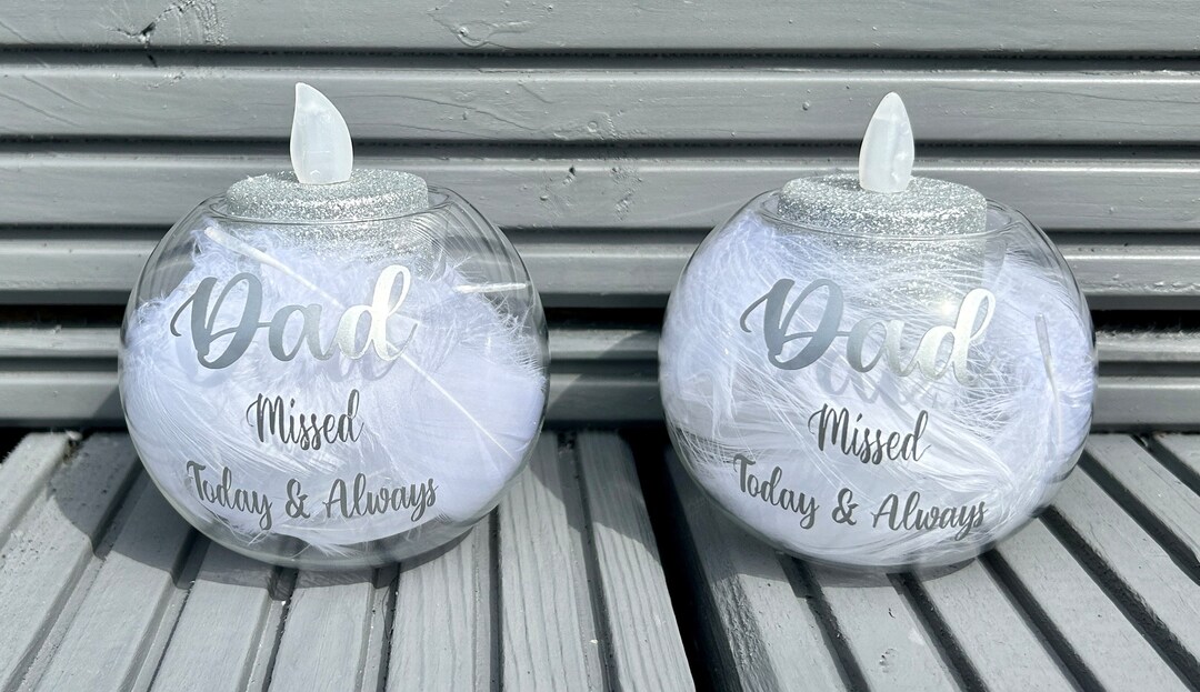 Personalised Dad Mum in Heaven Feather Memorial Memory Glass Candle Tea ...