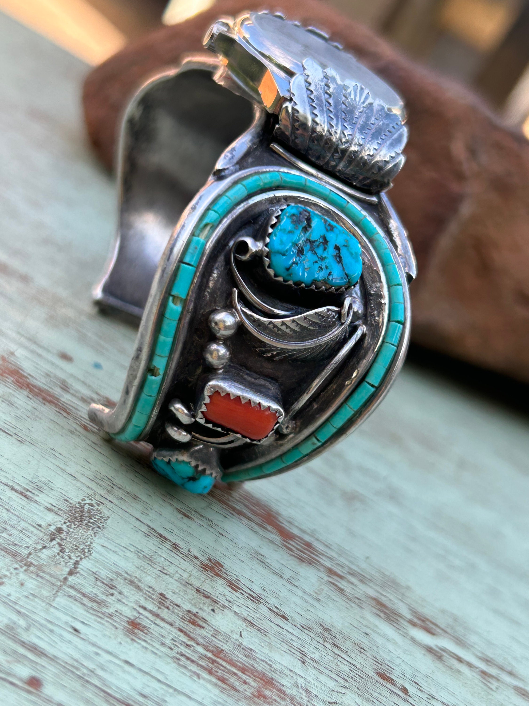 Rare Sterling Silver Turquoise & Coral W/ Turquoise Cornrow Watch Cuff ...