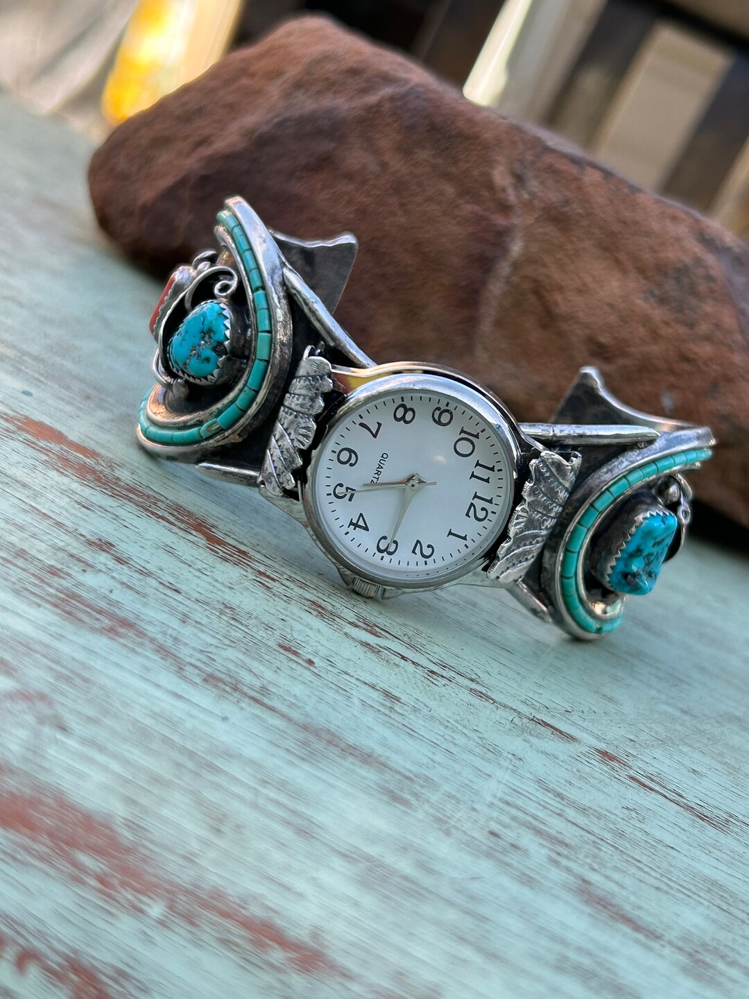 Rare Sterling Silver Turquoise & Coral W/ Turquoise Cornrow Watch Cuff ...