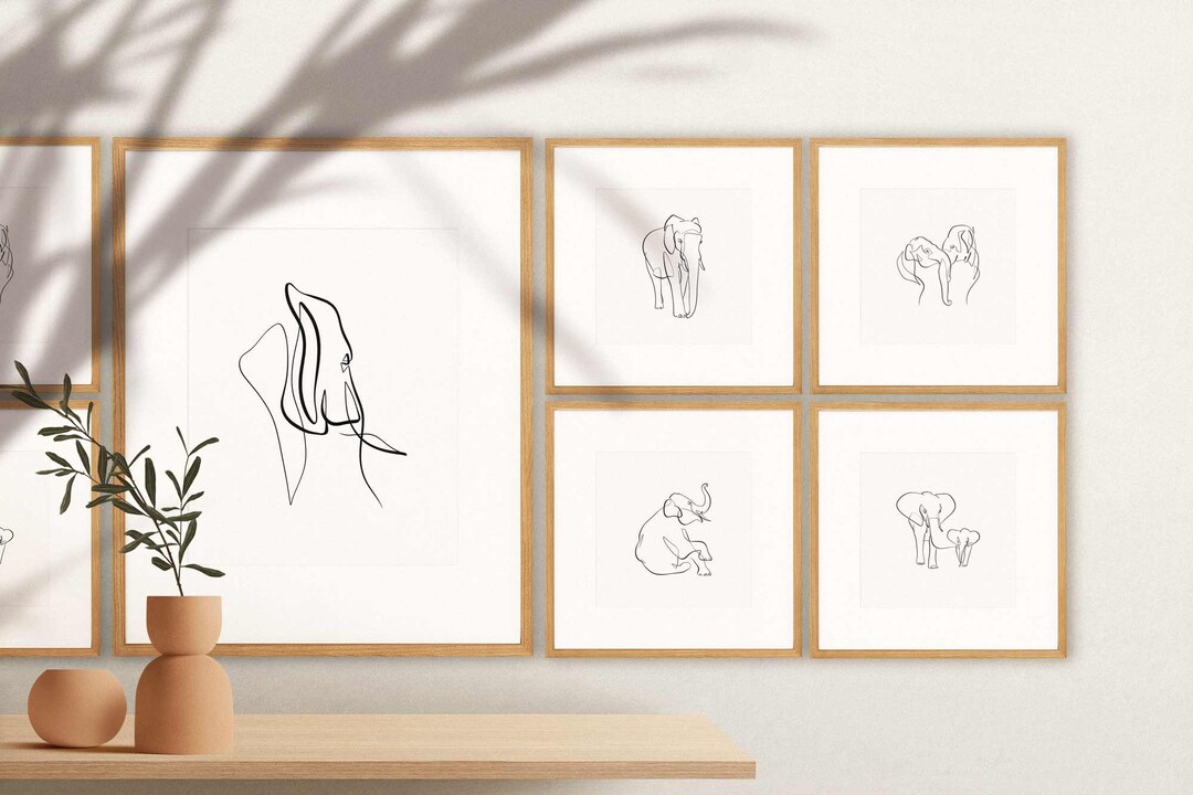 10 Elephant Line Drawing Bundle, Abstract Elephant Printable Wall Art ...