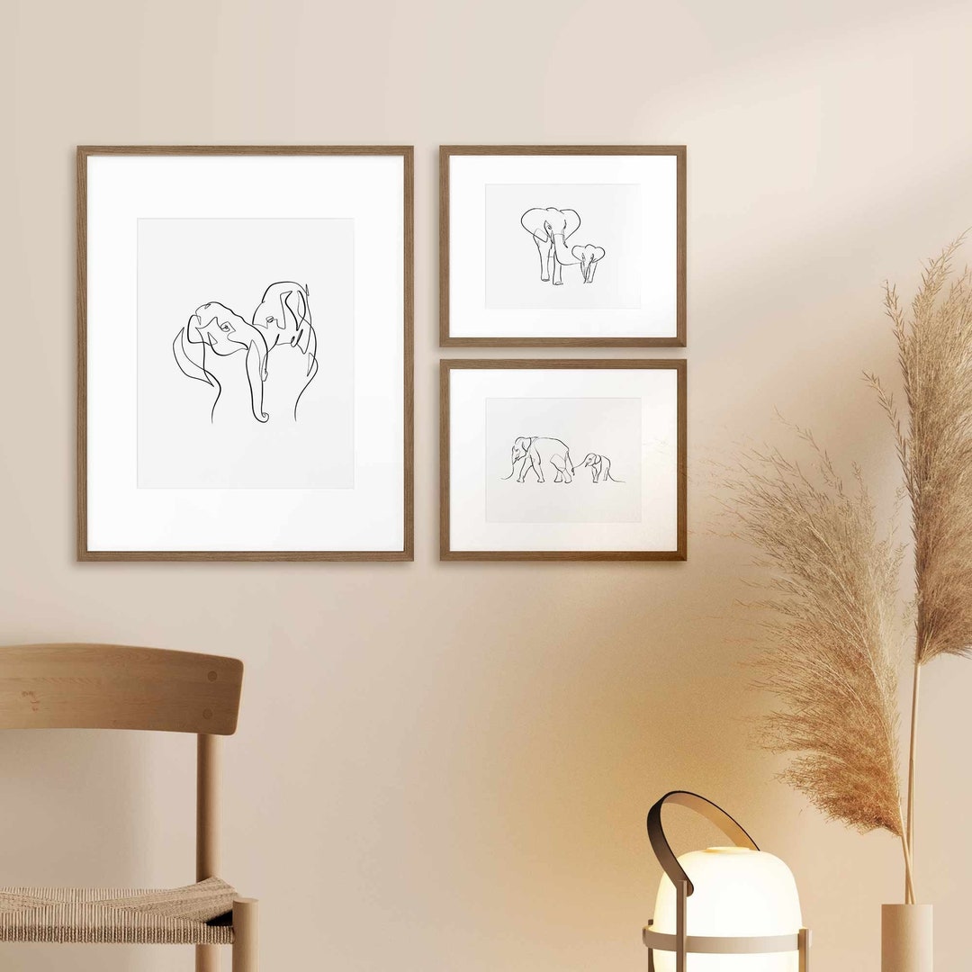 A Set of 3 Abstract Elephant Drawings, Minimal Elephant Wall Art Bundle ...