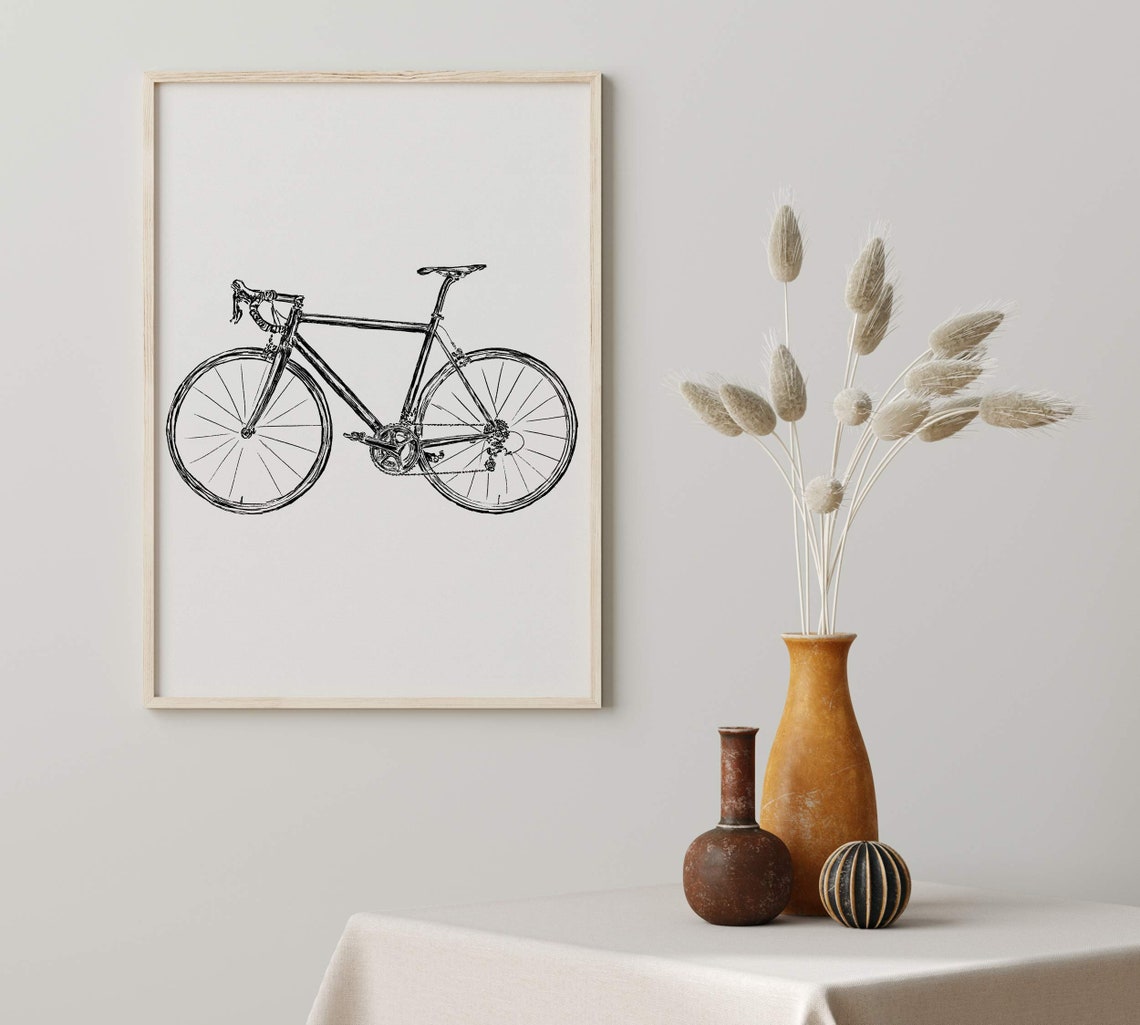Bicycle Printable Art Poster, Bike Pen Drawing, Minimalist Cyclist ...