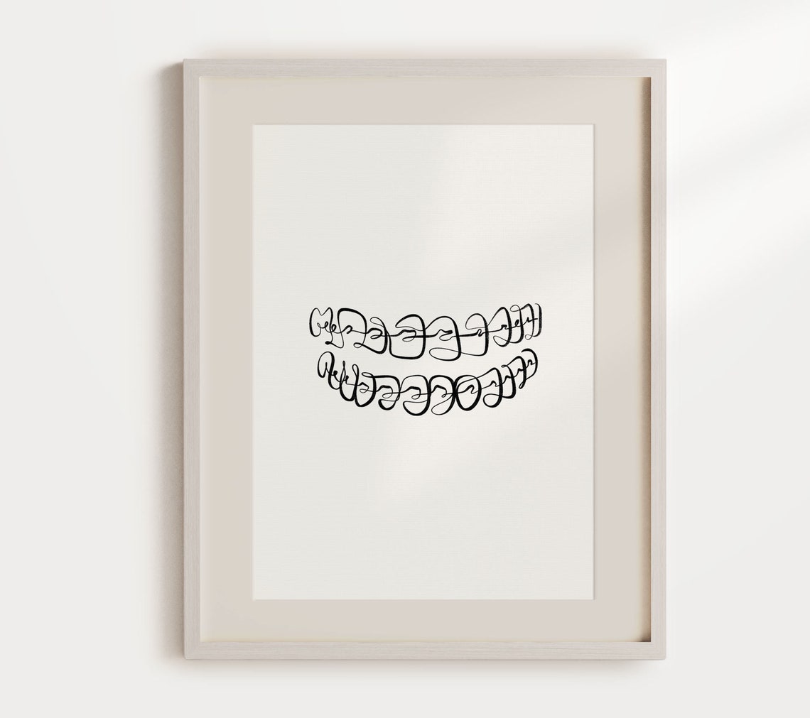 Teeth With Braces Line Art, Dental Care Wall Art, Dentist Printable ...