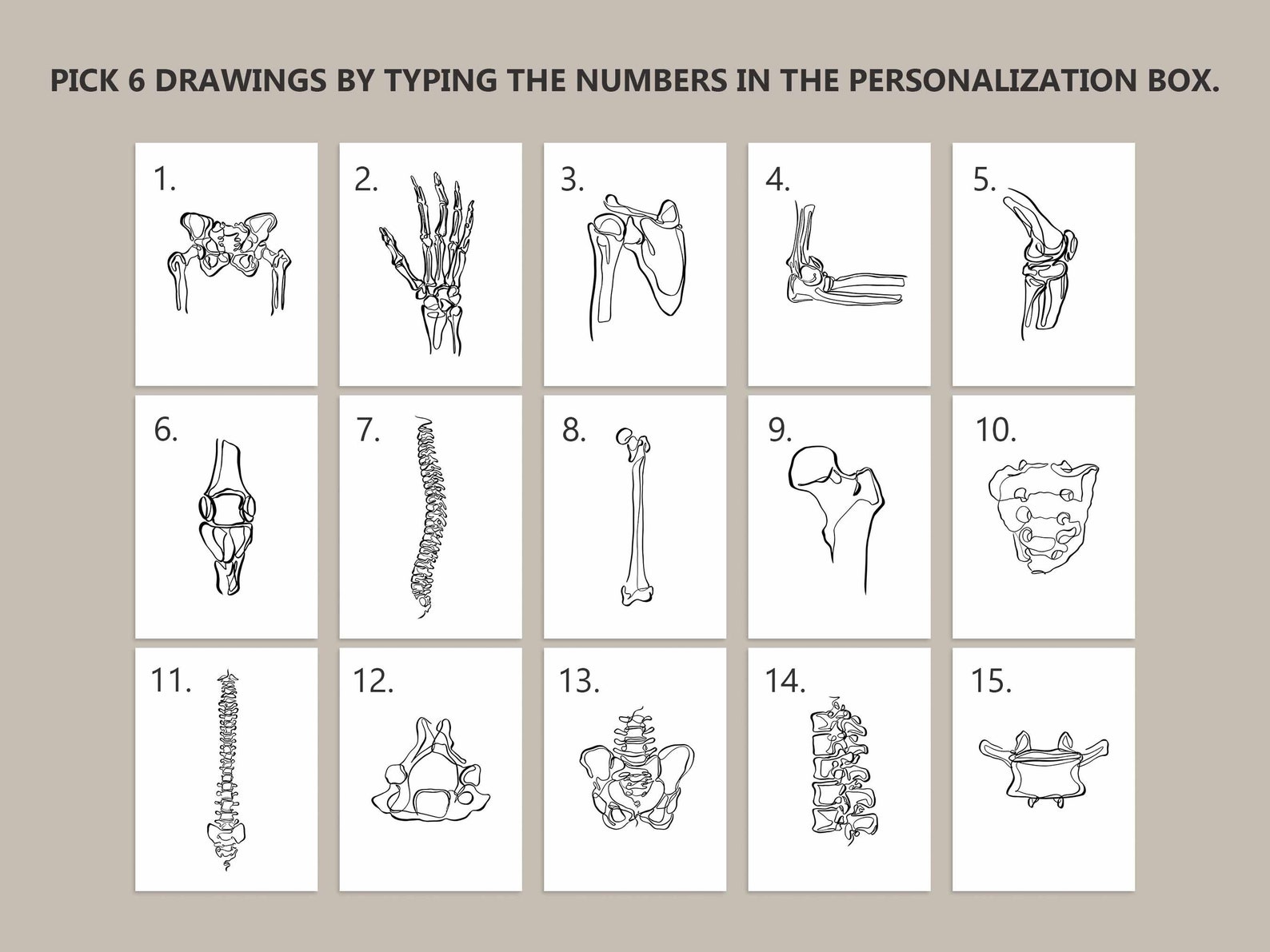 6 Human Bone Drawing Art Prints, Skeleton Wall Art Set, Minimal Medical ...