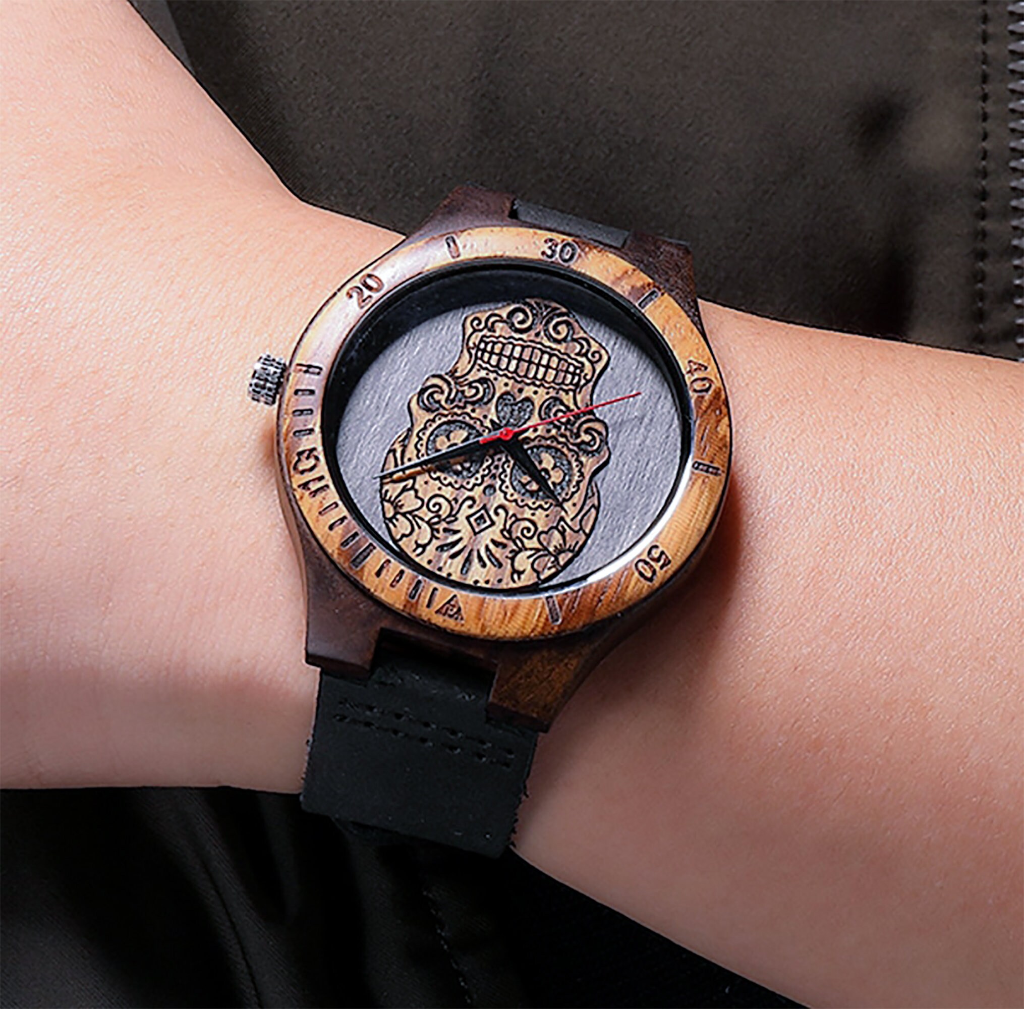Mens Skeleton Watch, Dark Wooden Watch With Skeleton Face, Wood Watch ...