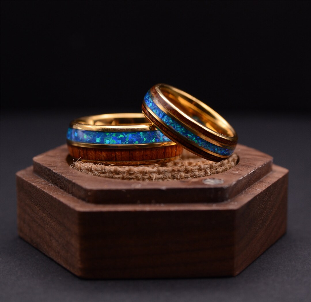 Match His and Hers Yellow Gold Tungsten Rings Opal Ring With Koa Wood ...