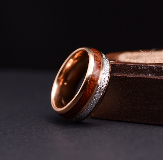 Mens wedding band 8mm Rose Gold Plated Tungsten Ring With Meteorite And koa Wood Inlay Wedding band mens Men wedding band Etsy
