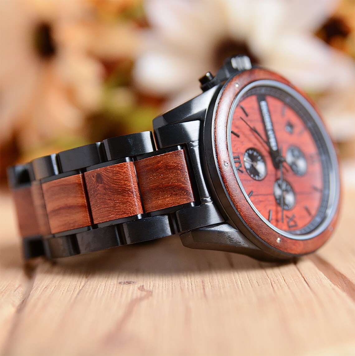 Volcano Chronograph Wood Watch for Men Red Wood Band With Dark | Etsy