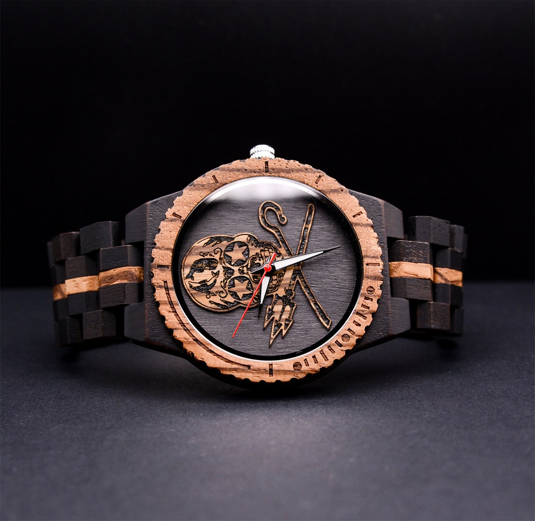 Mens Skeleton Watch, Round Wooden Watch With Skeleton Face, Wood Watch ...