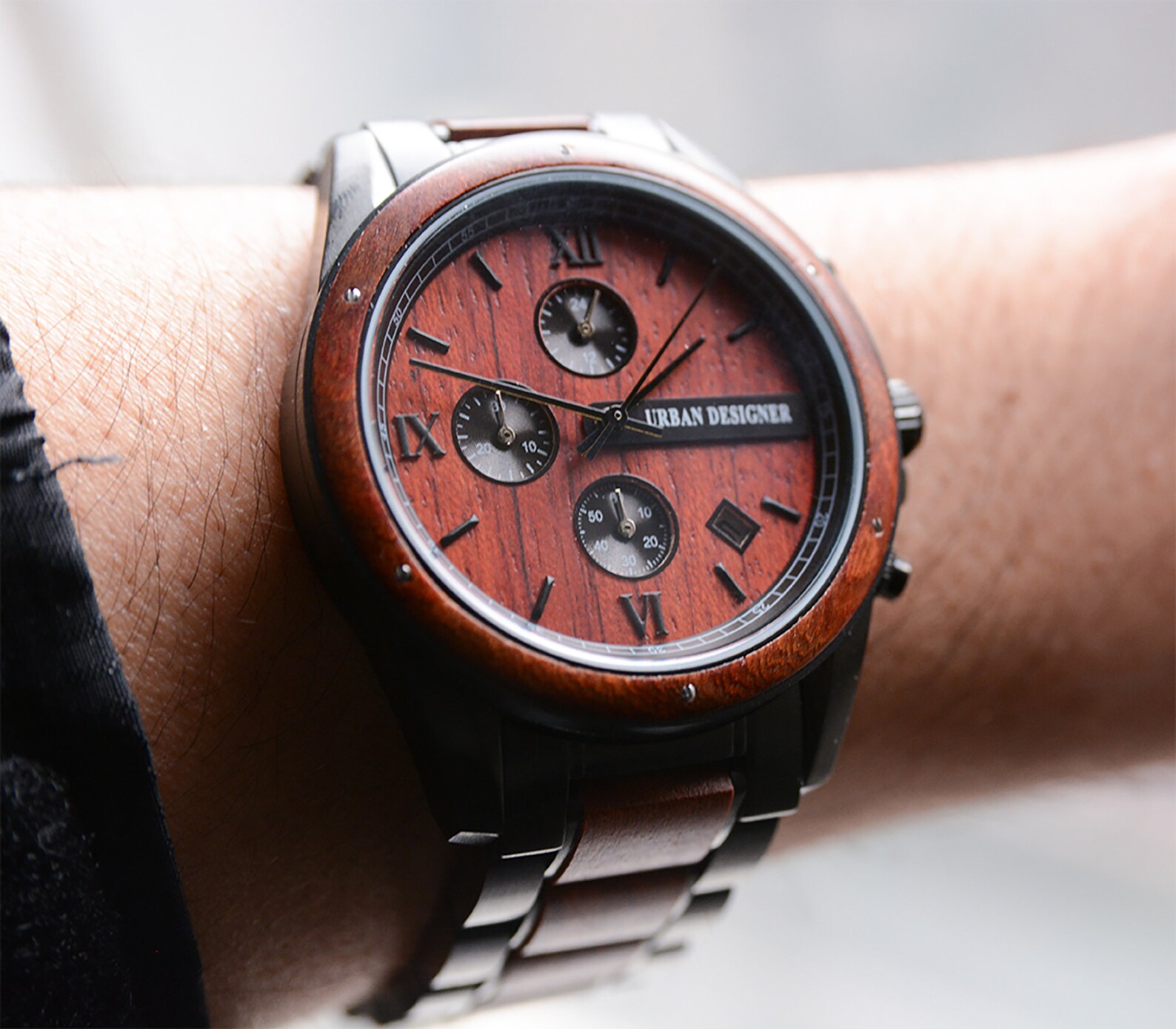 Volcano Chronograph Wood Watch for Men Red Wood Band With Dark Metal ...