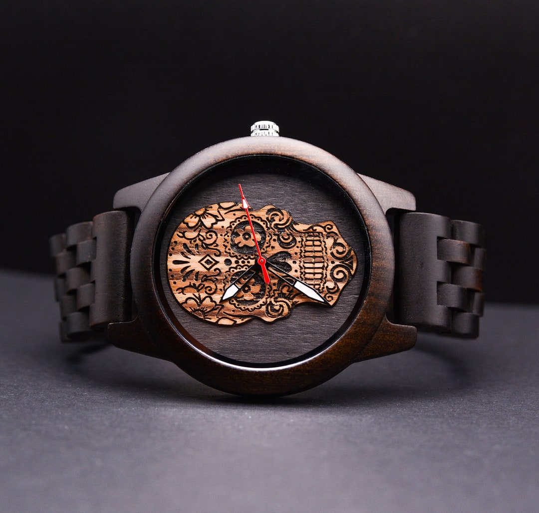 Mens Skeleton Watch, Round Wooden Watch With Skeleton Face, Wood Watch ...
