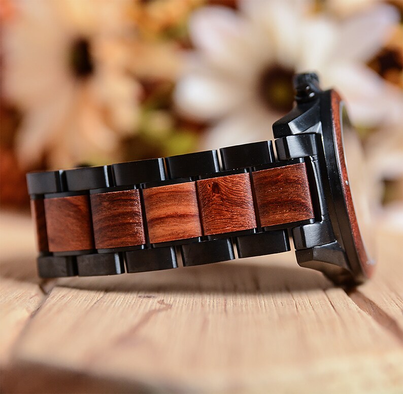 Volcano Chronograph Wood Watch for Men Red Wood Band With Dark Metal ...