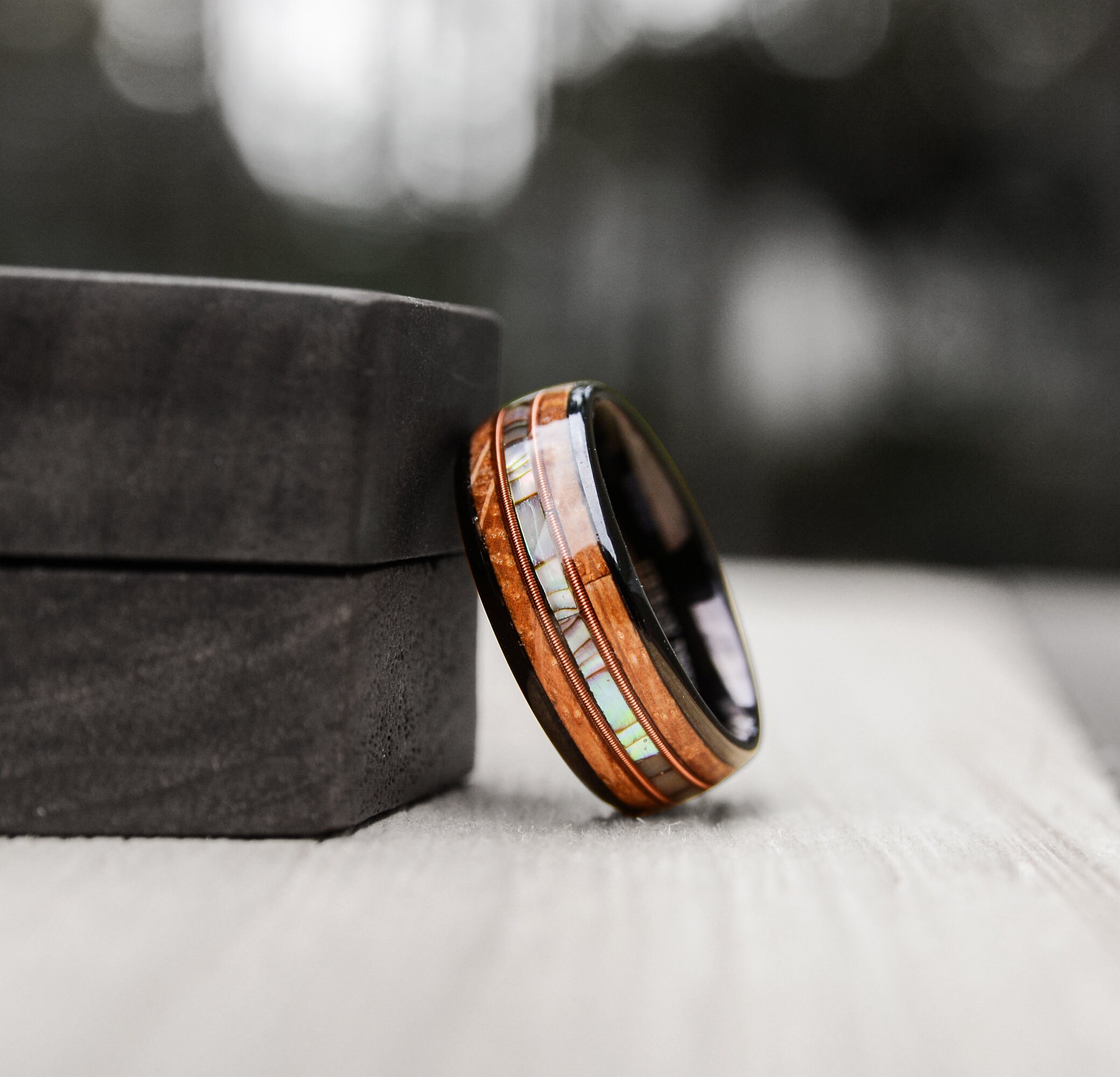 Wooden Rings 8mm Abalone Shell and Wood Inlay Black Tungsten | Etsy