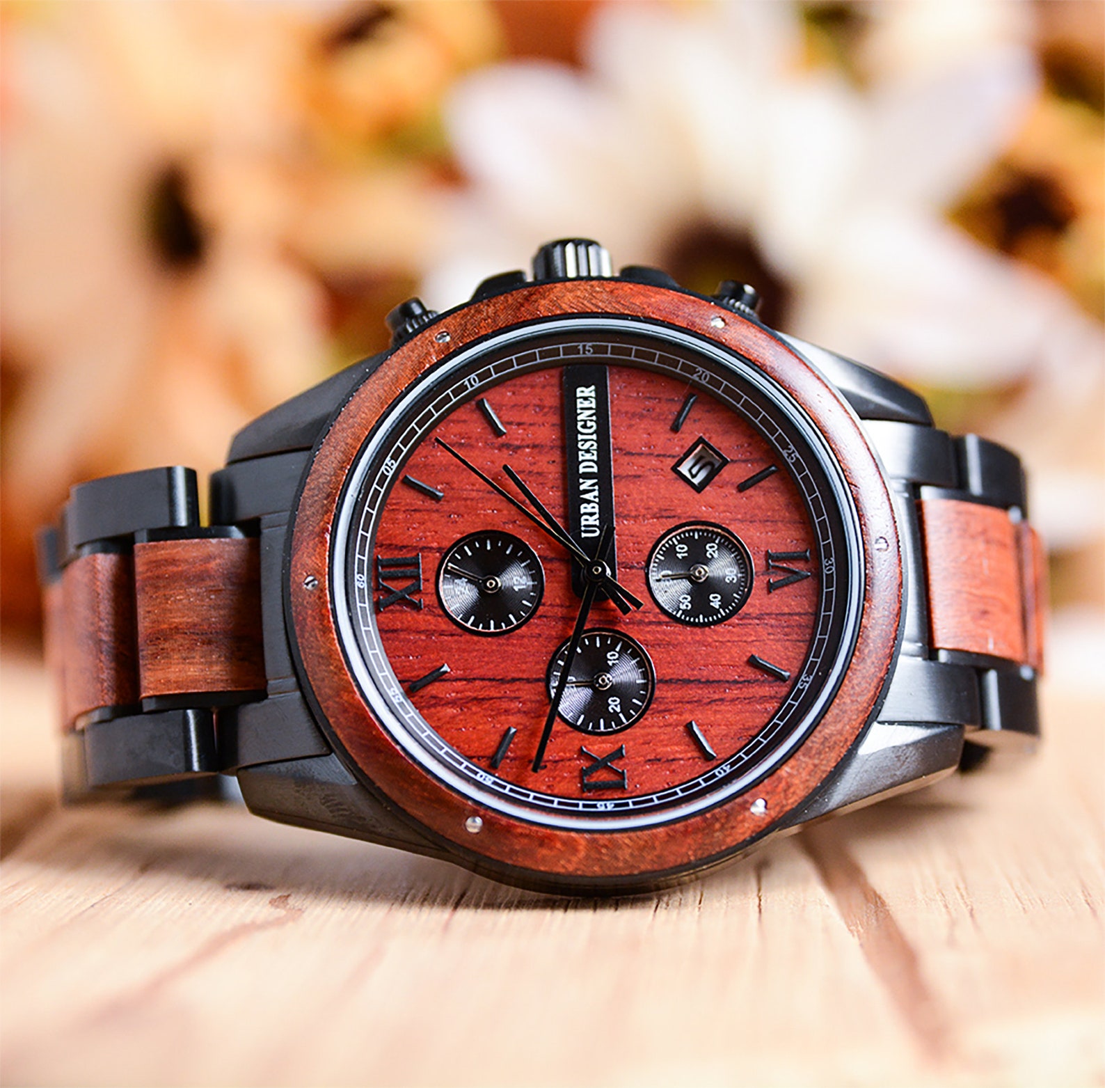 Volcano Chronograph Wood Watch for Men Red Wood Band With Dark | Etsy