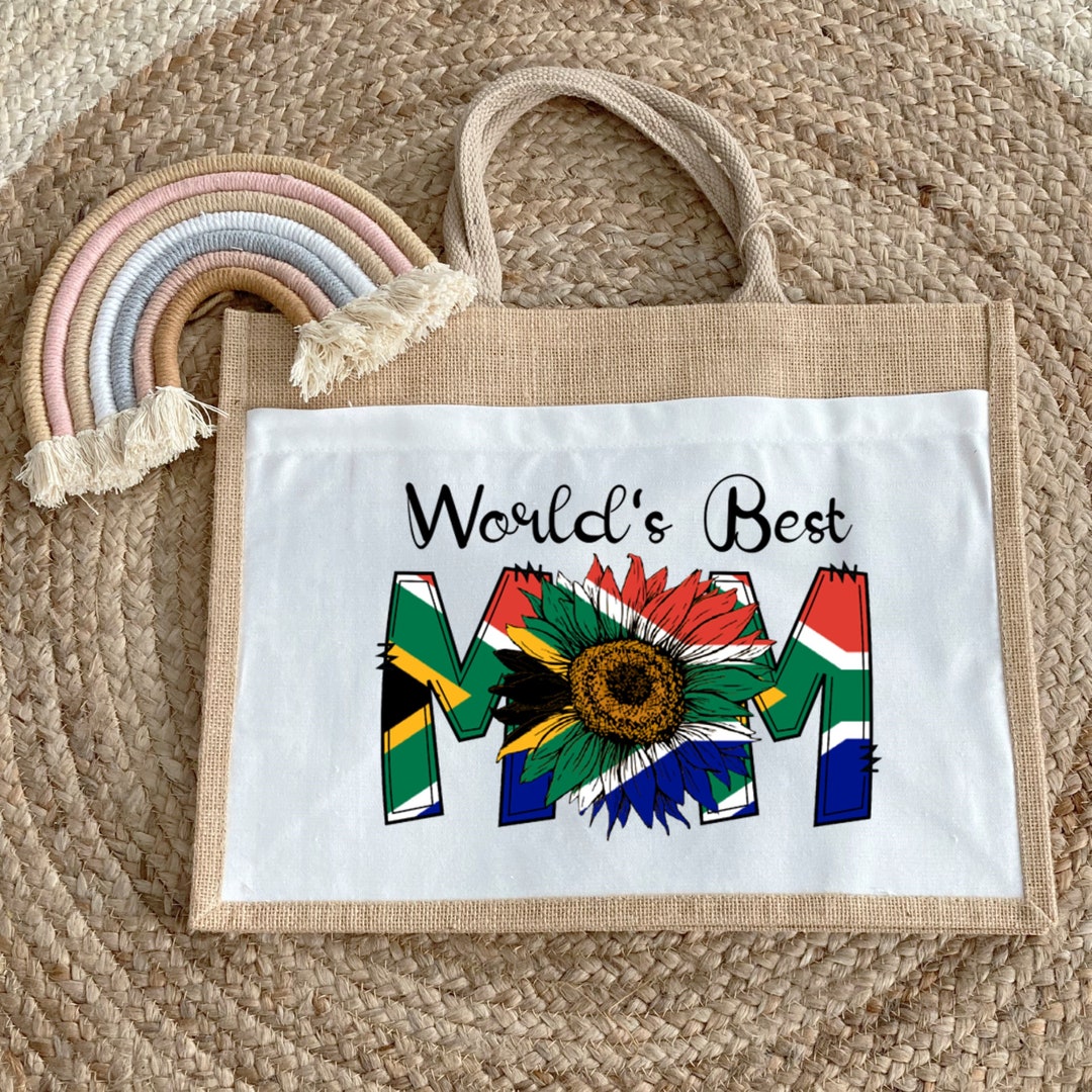 World's Best Mom Mum South African Flag Jute Bag With Fabric Pocket ...