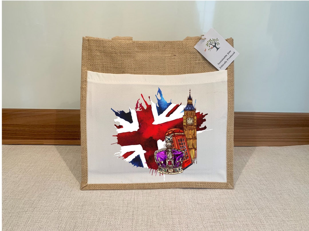 London Jute Bag With Fabric Pocket. Eco-friendly Hessian Burlap Tote ...