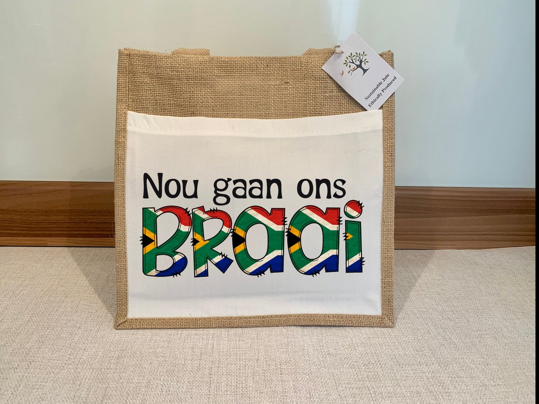 BBQ Braai South African Flag Jute Hessian Burlap Tote Bag Nou Gaan Ons ...
