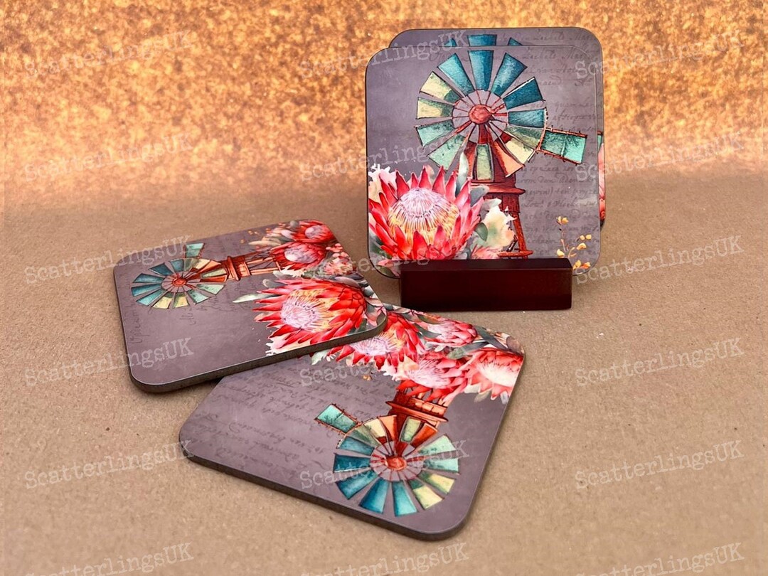 Protea Coasters With Optional Display Stand Set of 4 Windmill Bright ...