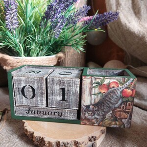 Perpetual Calendar With Cat,desk Wooden Calendar,gift With Cat,desk ...