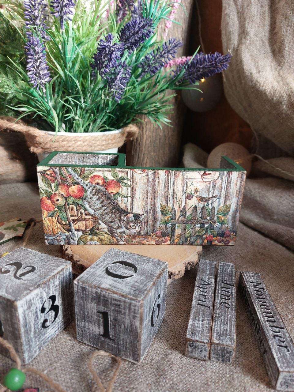 Perpetual Calendar With Cat,desk Wooden Calendar,gift With Cat,desk ...