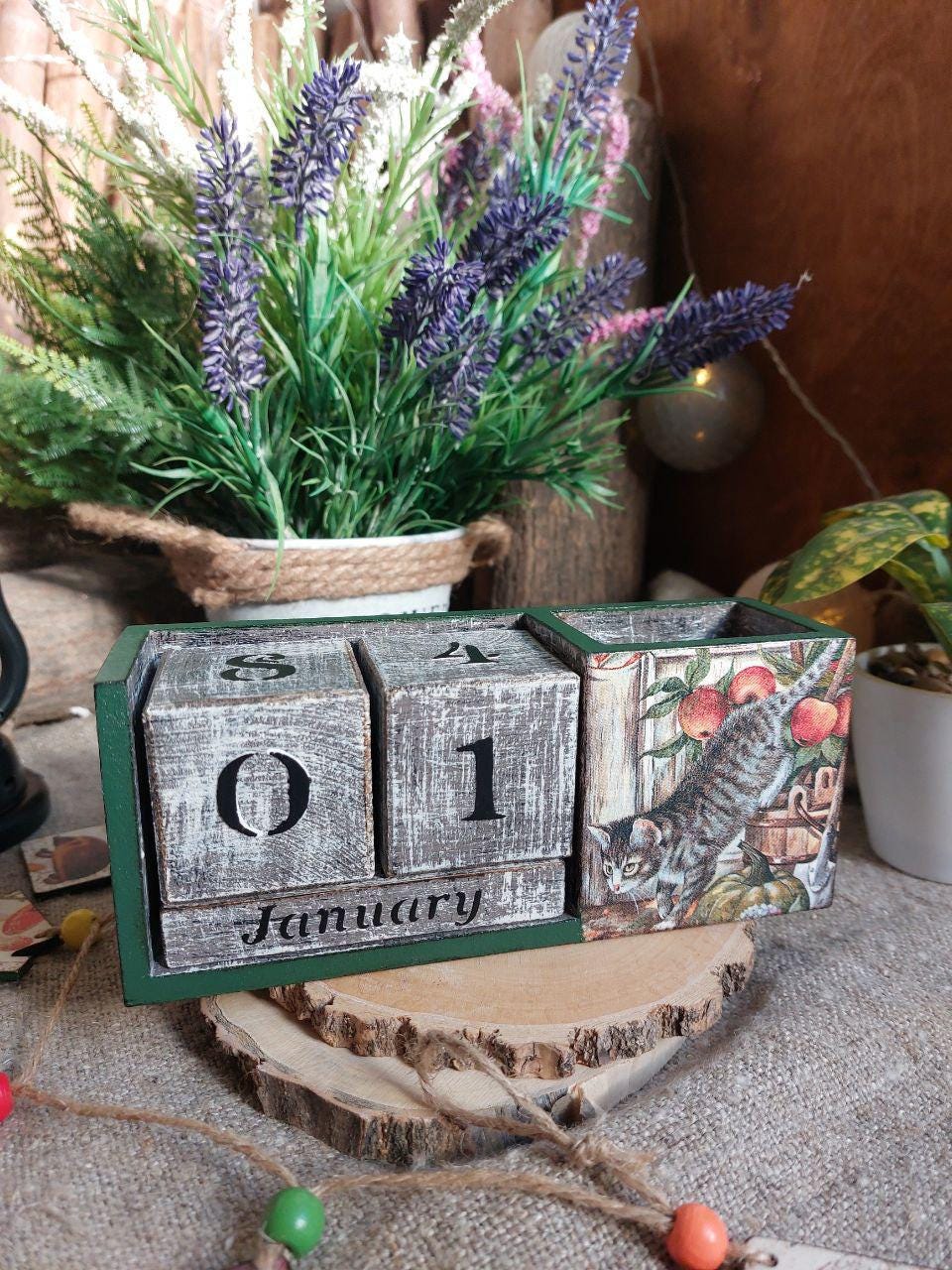 Perpetual Calendar With Cat,desk Wooden Calendar,gift With Cat,desk ...