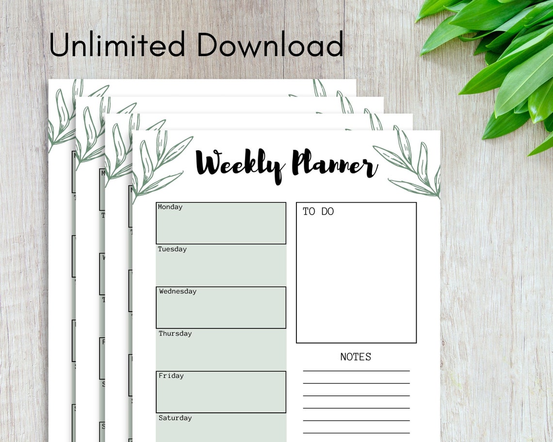 Weekly Planner Printable, Light Green, To-do List & Notes, Instant ...