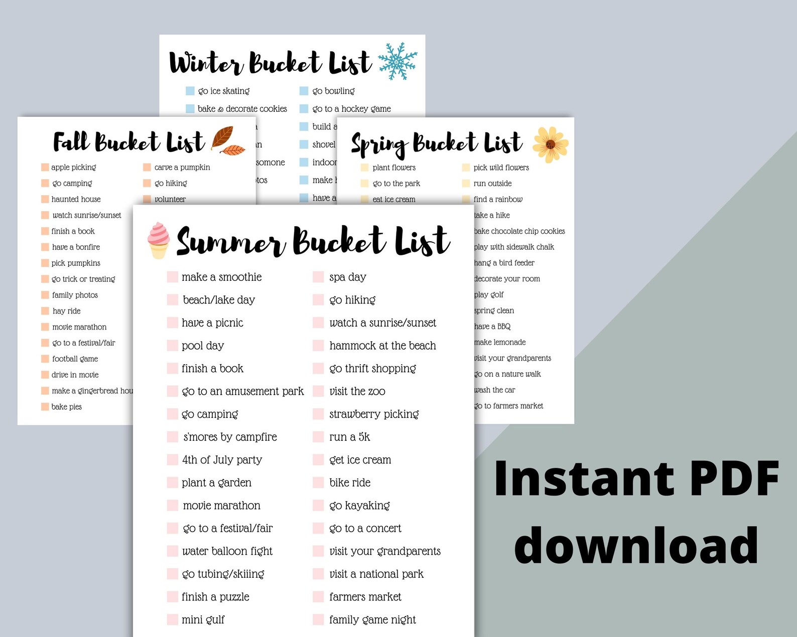 Bucket List Printable, Summer Bucket List, Fall Bucket List, Spring ...