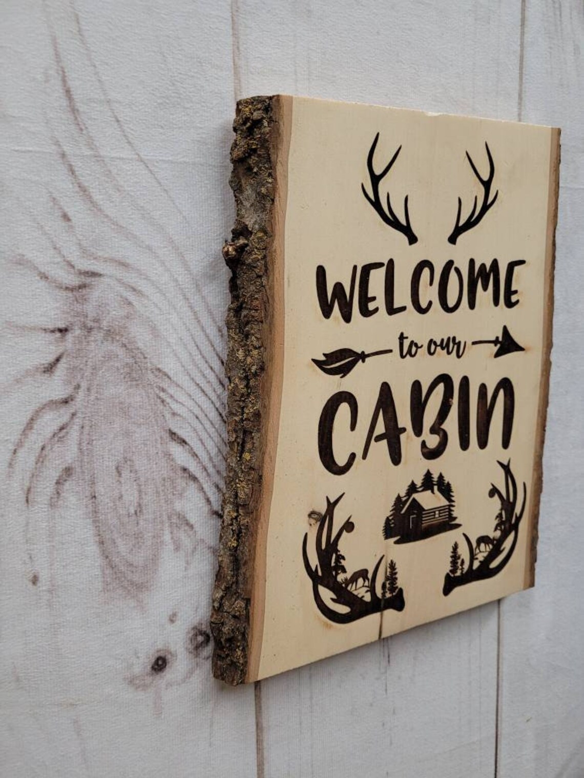 Live Edge Wall Art Welcome Sign Cabin Decor Rustic Deer - Etsy