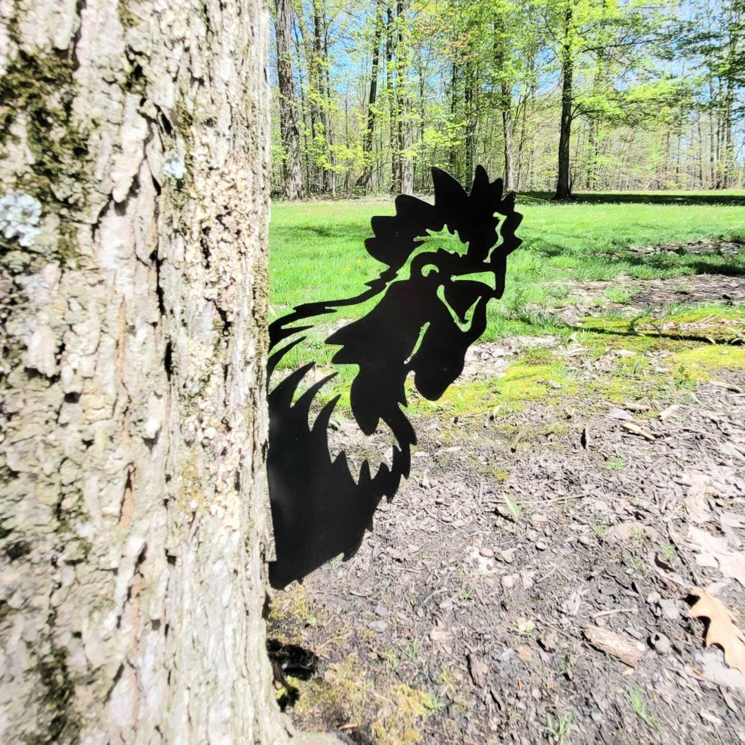 Peeking Rooster Tree Stake: Metal Chicken Yard Art Decor - Etsy