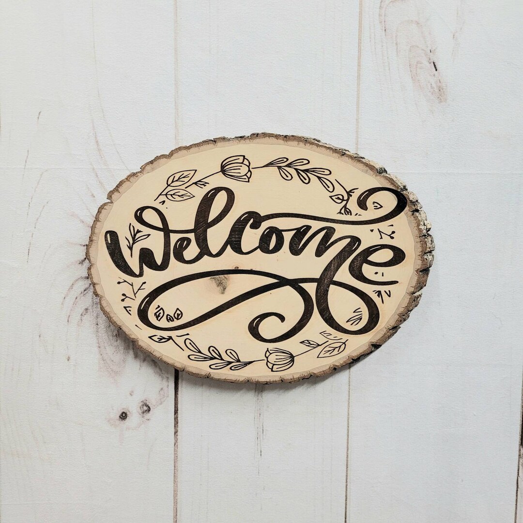 Wood Welcome Sign, Live Edge Home Decor for Wall, Floral Art Welcome ...