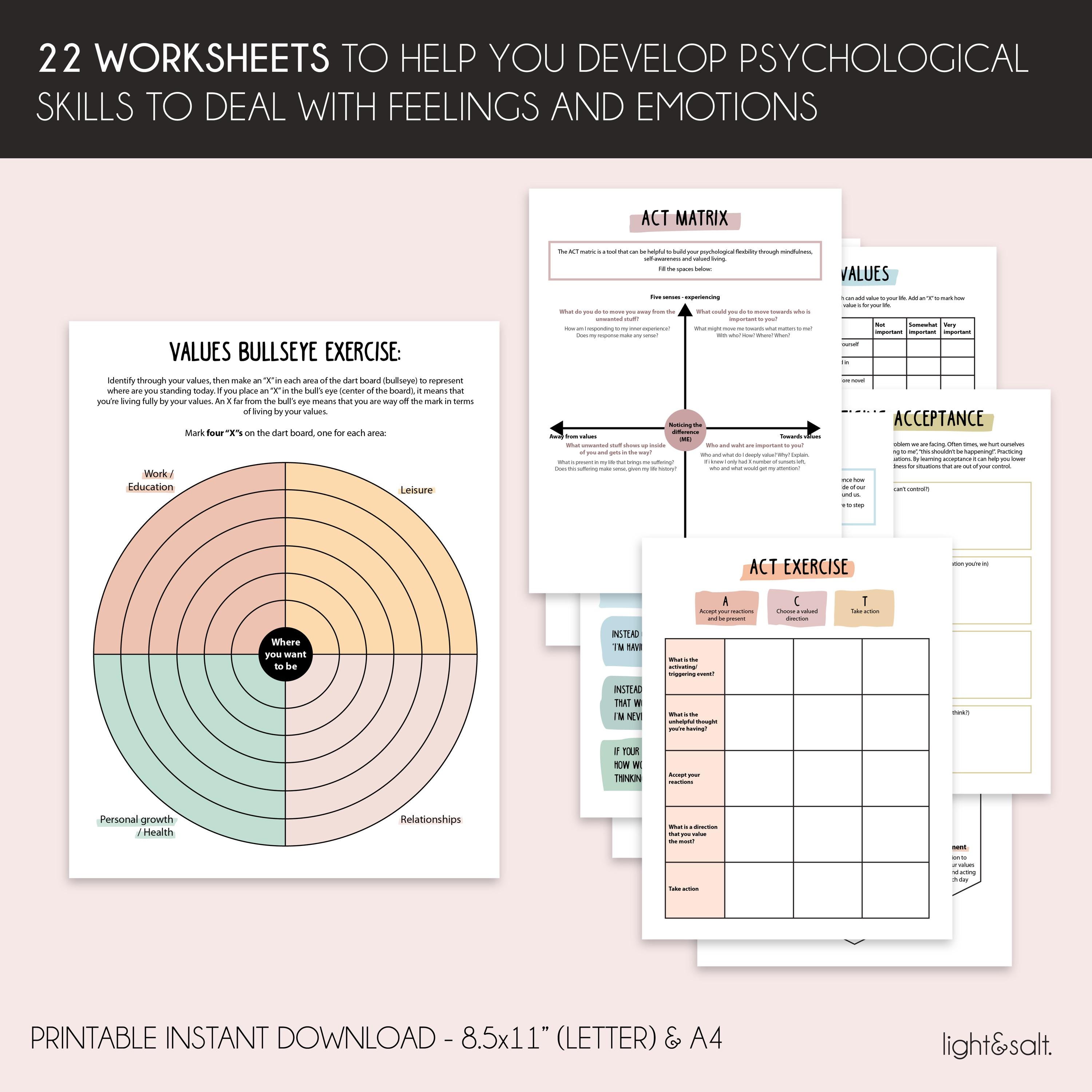 ACT Therapy Worksheets Bundle, Values Bullseye, Mental Health (PDF ...