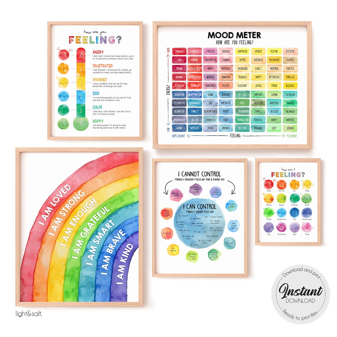 Watercolor School Counselor Office Decor Set of 5 Wall Art, Feelings ...