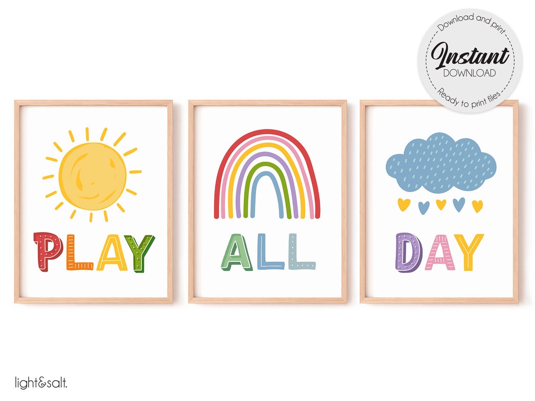 Play All Day Printable Poster Set of 3, Lets Play Sign, Nursery Wall ...