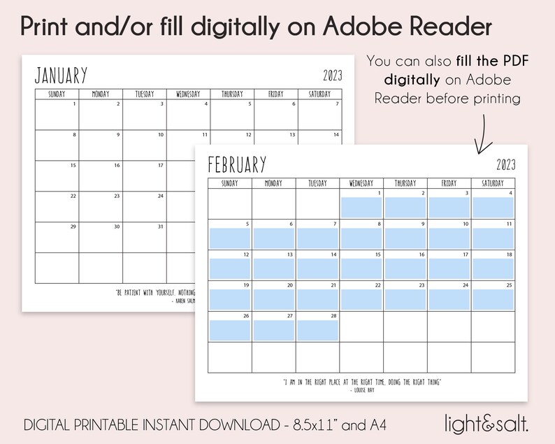 2023 Calendar & Blank Monthly Calendar Editable PDF Calendar - Etsy