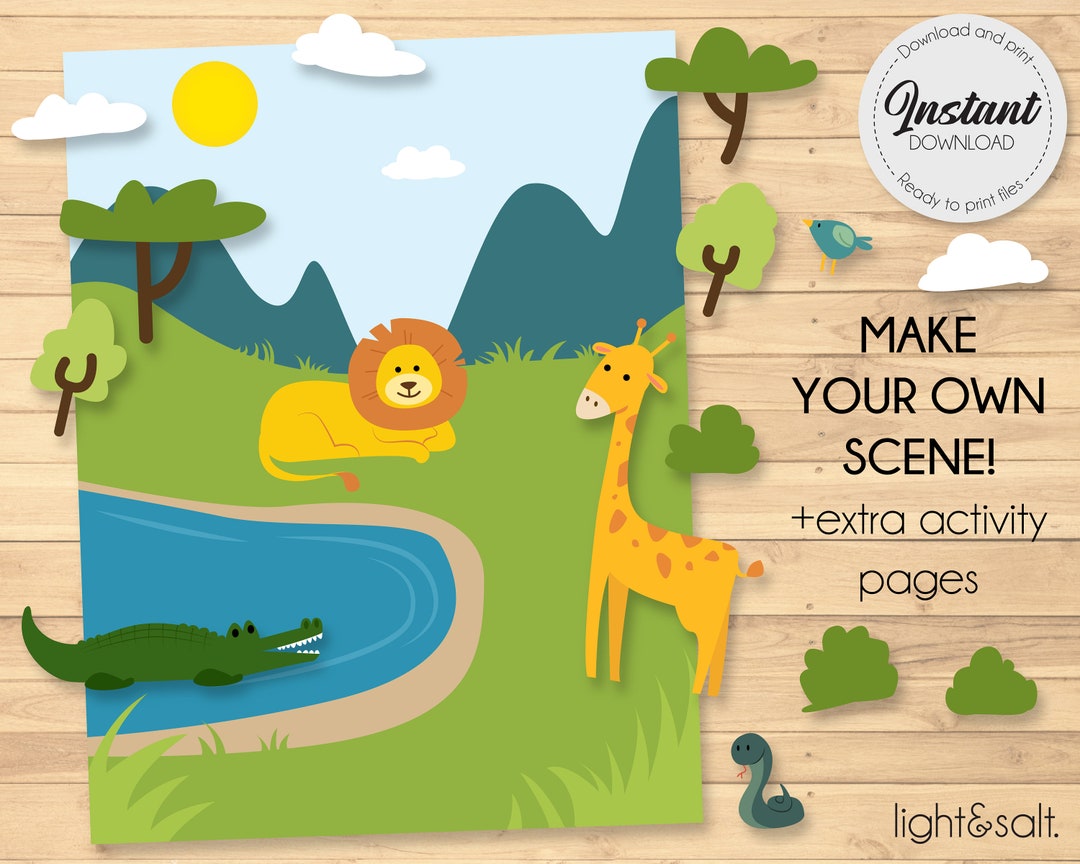 Safari Animals Printable, Animal Cut and Paste Scene, Make a Scene ...