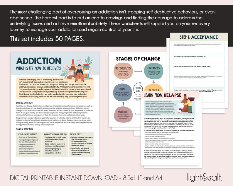 Sobriety Worksheets, Therapy Workbook, Addiction Recovery, Relapse ...