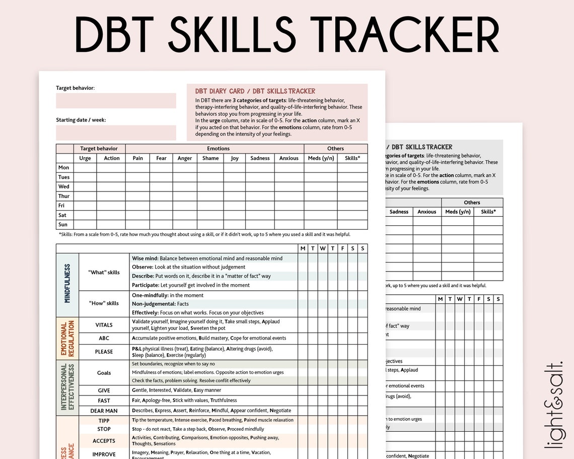 DBT Skills Tracker, DBT Diary Card, Dialectical Behavior Therapy, Mood ...