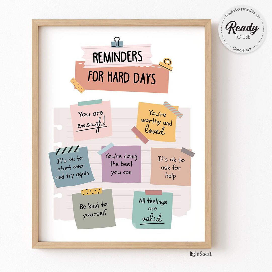 Reminders for Hard Days, Note to Self, Mental Health Poster, Therapist ...