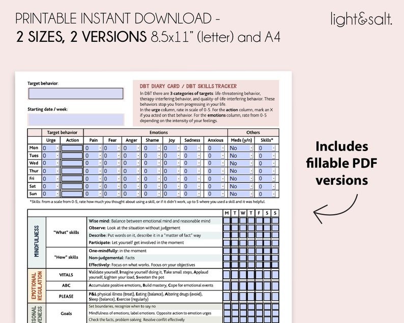 DBT Skills Tracker, DBT Diary Card, Dialectical Behavior Therapy, Mood ...