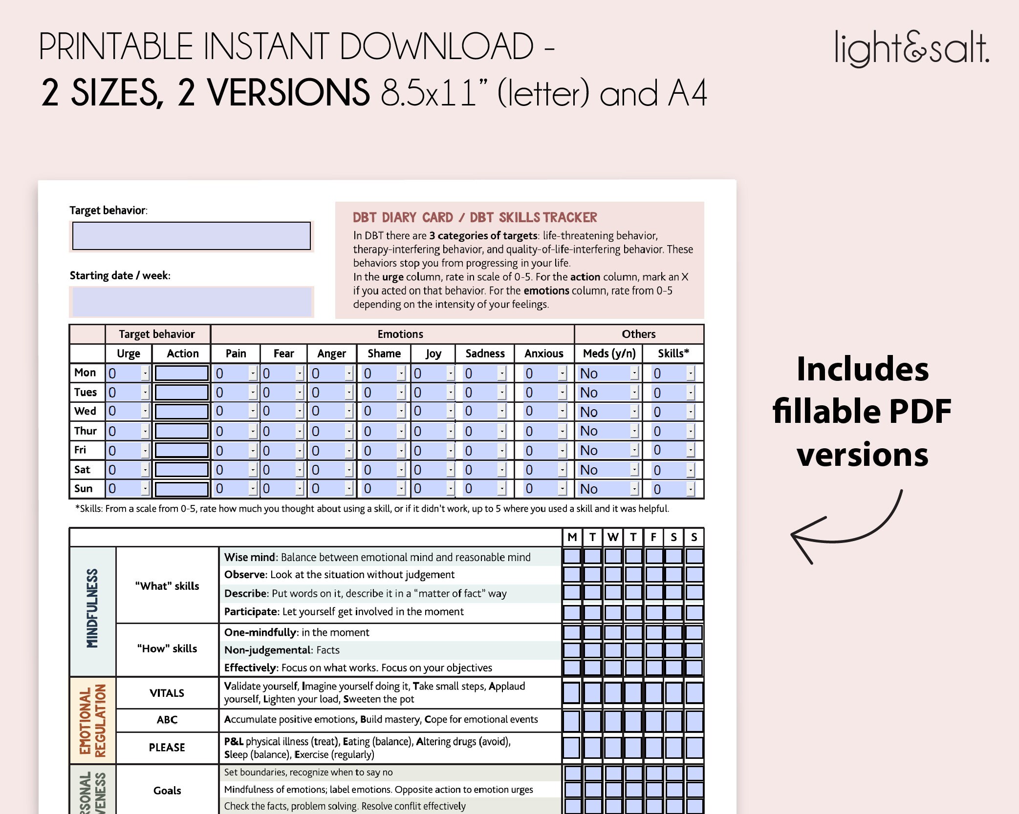 DBT Skills Tracker, DBT Diary Card, Dialectical Behavior Therapy, Mood ...